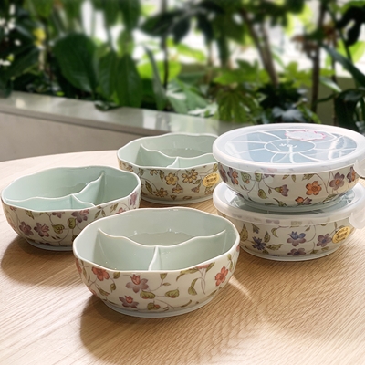 POOM | 일본 식기 도자기 그릇 아리타 리프 플라워 원형 3절 스몰 찬통 반찬통 반찬용기 1p