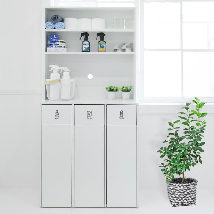 POOM | 필웰 무노 3칸 분리수거함 다용도 상부수납장세트 ST9656