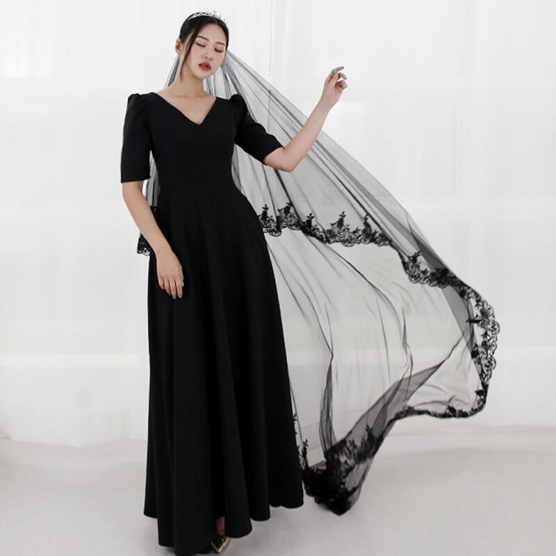 POOM | 블랙 자수레이스2 롱베일 (3m) 셀프웨딩 면사포 검정