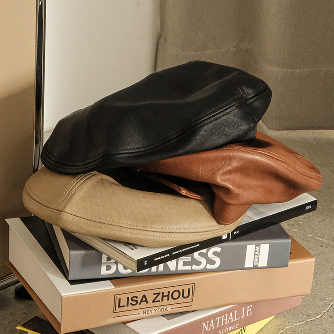 POOM | 스티치 버클 가죽 베레모 3color