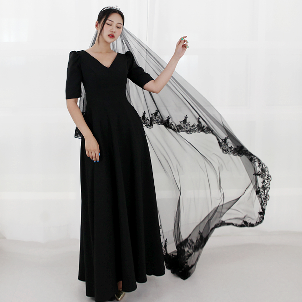 POOM | 블랙 자수레이스2 롱베일 (3m) 셀프웨딩 면사포 검정