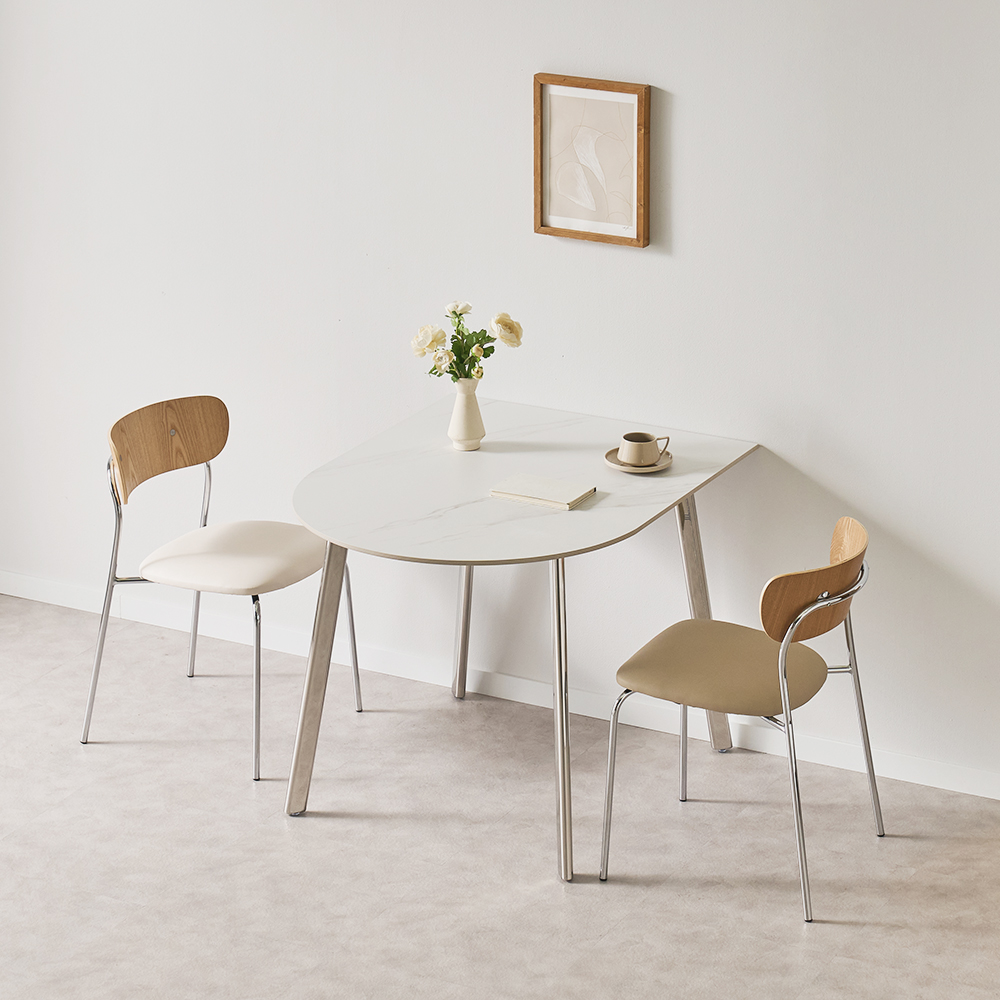 POOM | 바모스 반타원 세라믹 실버 식탁 테이블 2인용 1000