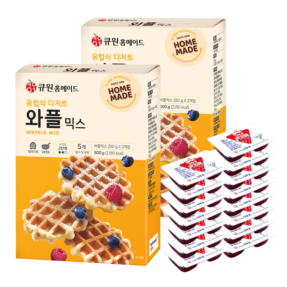 POOM | 큐원 와플믹스500g x2개 + 오뚜기 딸기쨈12g x15개
