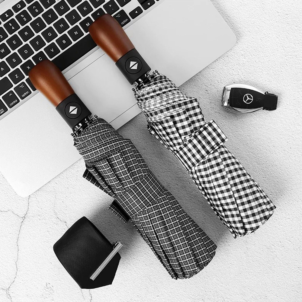 POOM | 피어니 체크 우드핸들 원터치 3단 자동우산 2color