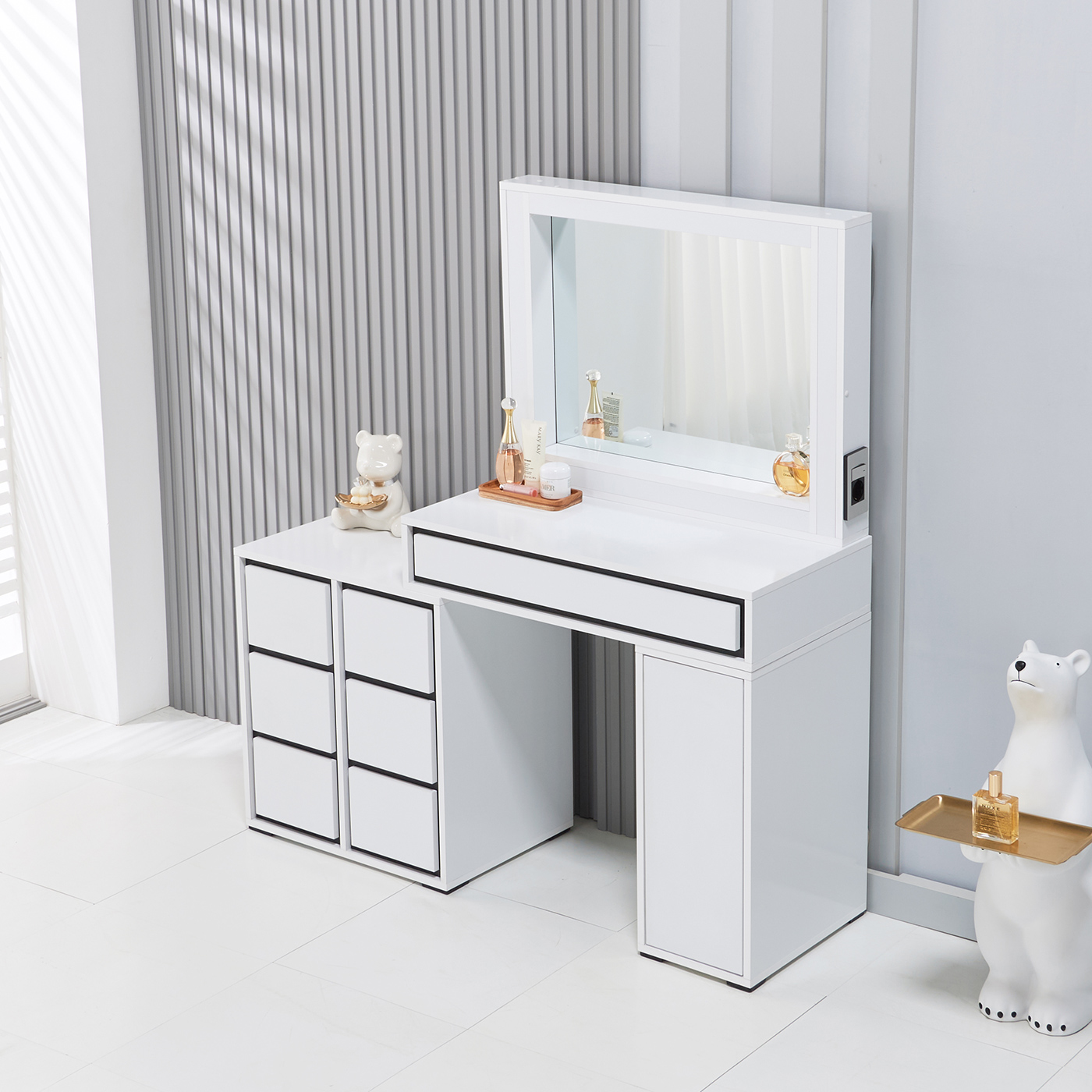 POOM | 드리머 확장형 6칸 서랍 LED 콘센트 화장대 익스텐션