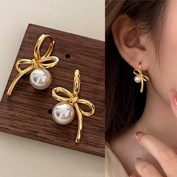 POOM | 루톤 실버 진주 드롭 리본 링 귀걸이