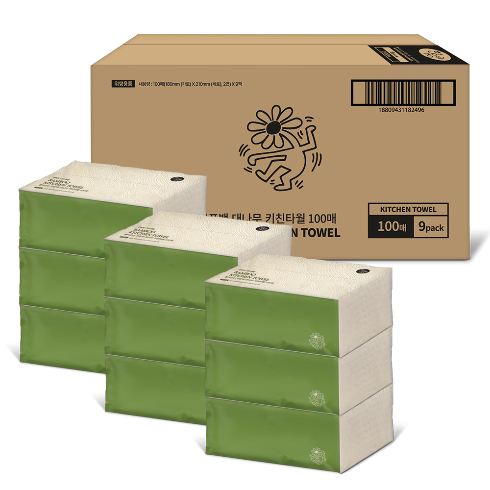 POOM | 키스해링 무표백 대나무 뽑아쓰는 키친타올 100매 9팩