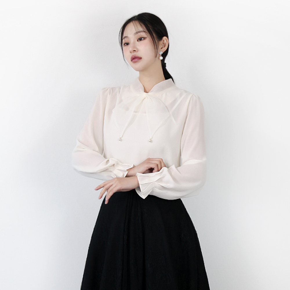POOM | 아이보리 리본 블라우스 (44-100) 빅사이즈 2부 향상복