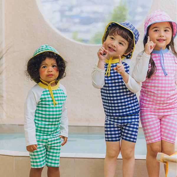 POOM | SET 체크상하 아동 래쉬가드 썬블럭 모자세트 802034